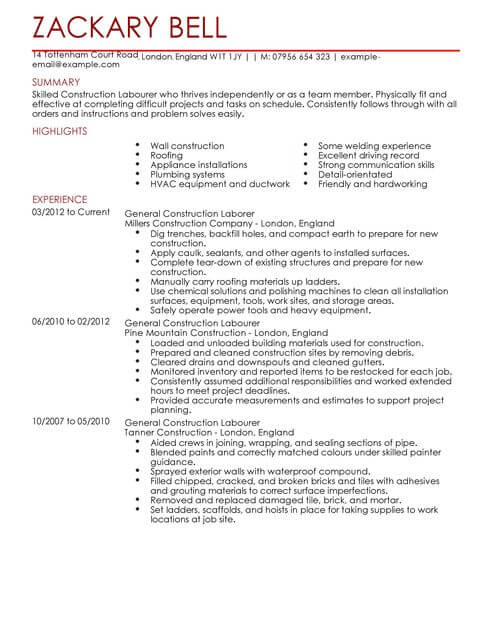 Construction CV Templates CV Samples Examples