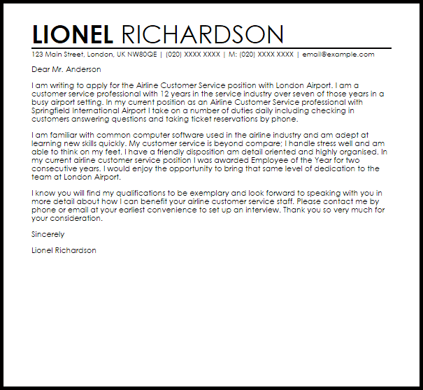 Airline Customer Service Cover Letter Sample LiveCareer