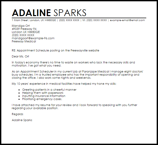 Appointment Scheduler Cover Letter Sample LiveCareer
