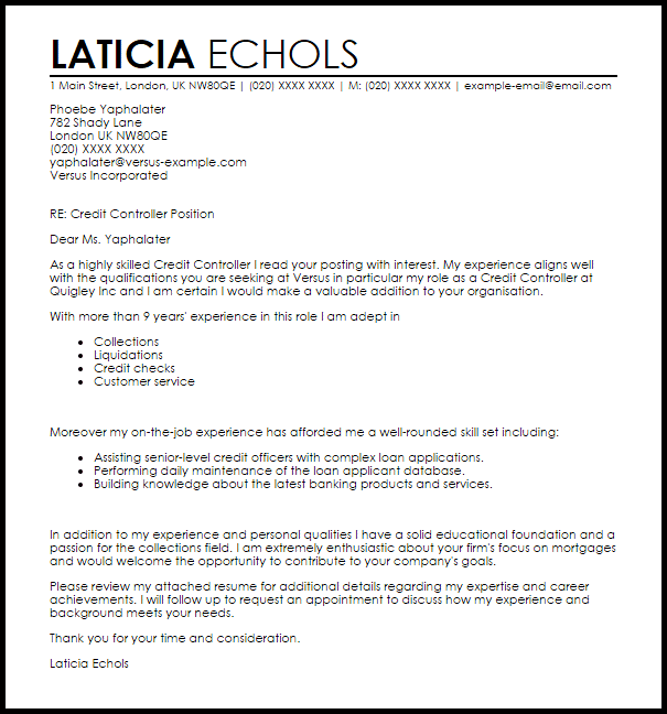 Credit Controller Cover Letter Sample LiveCareer