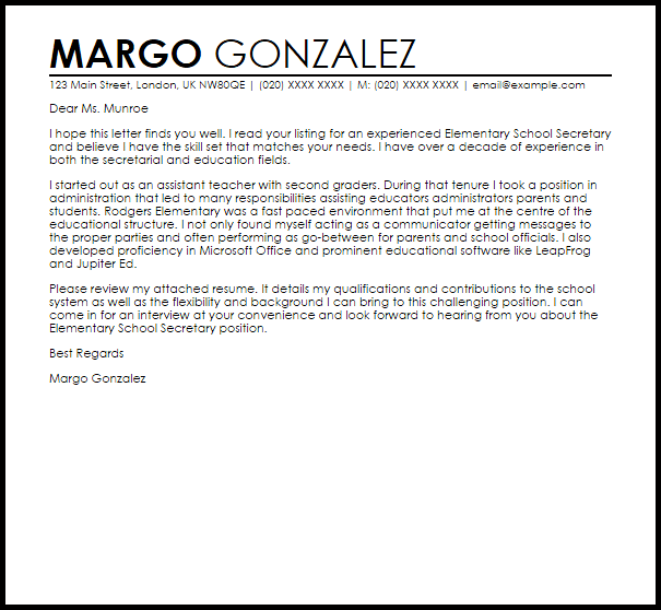 Elementary School Secretary Cover Letter Sample LiveCareer