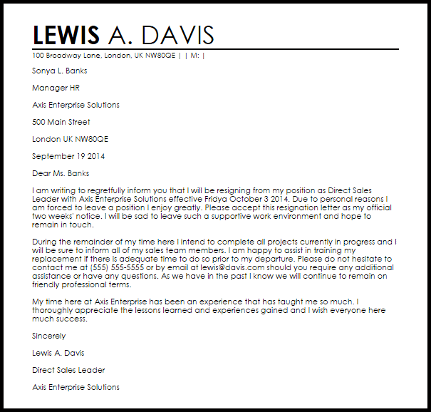 Friendly Resignation Letter Resignation Letters LiveCareer