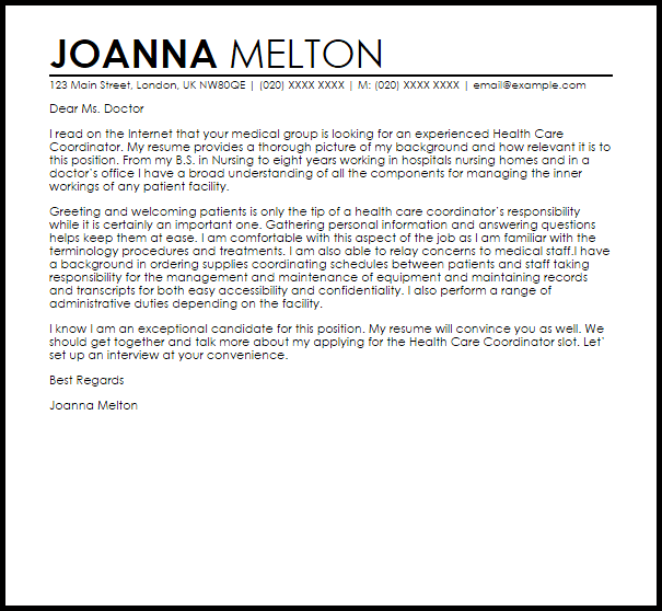 Health Care Coordinator Cover Letter Sample LiveCareer