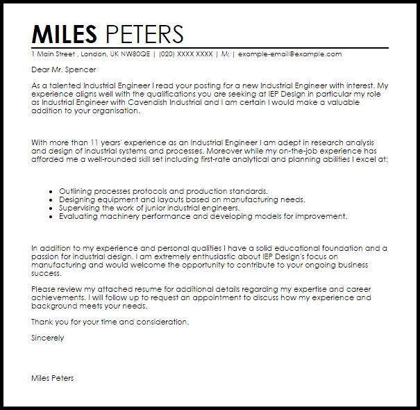 Industrial Engineer Cover Letter Sample LiveCareer