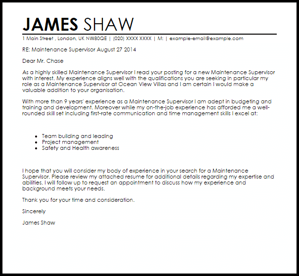 Maintenance Supervisor Cover Letter Sample LiveCareer