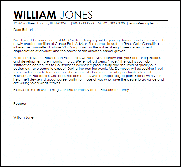 New Employee Announcement Letter Announcement Letters LiveCareer