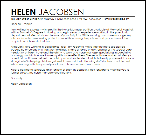 Nurse Manager Cover Letter Sample LiveCareer
