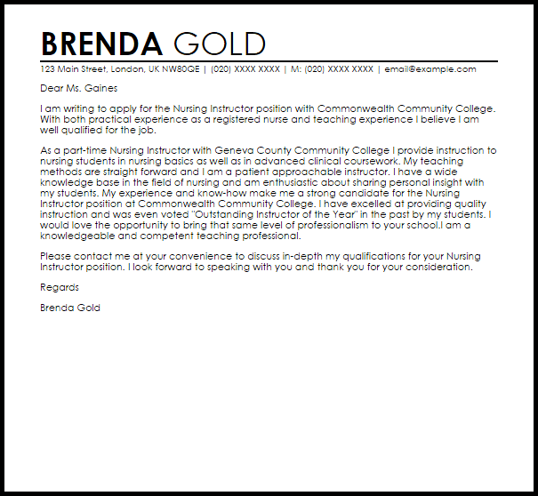 Nursing Instructor Cover Letter Sample LiveCareer
