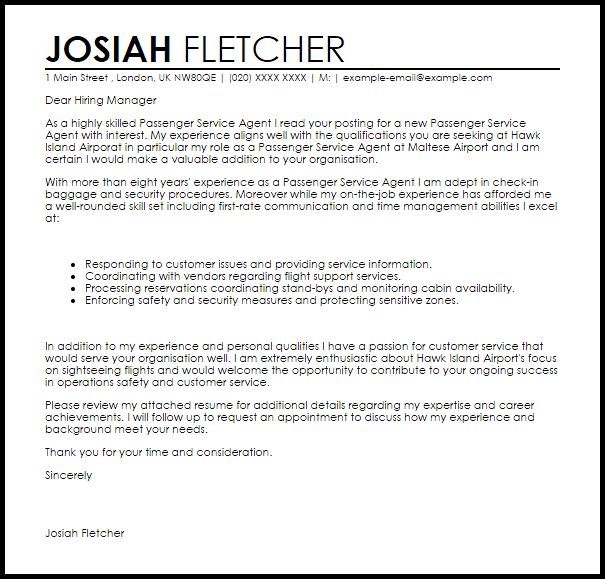 Passenger Service Agent Cover Letter Sample LiveCareer
