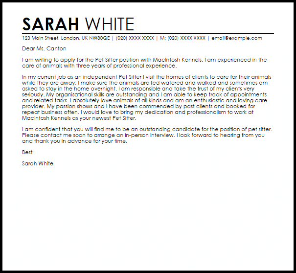 Pet Sitter Cover Letter Sample LiveCareer