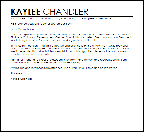 Preschool Assistant Teacher Cover Letter Sample LiveCareer