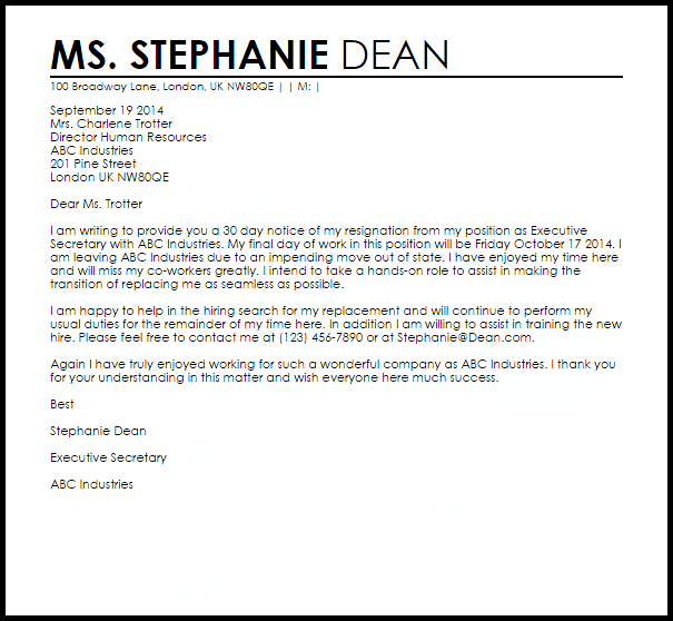 Resignation Letter With 30 Day Notice LiveCareer