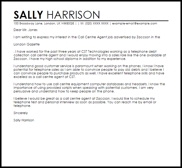 Sample Cover Letter For A Call Centre Agent LiveCareer