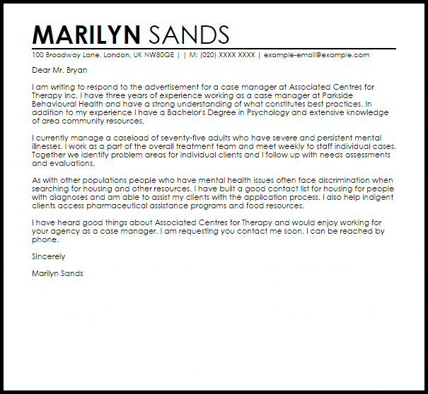 Sample Cover Letter For A Case Manager LiveCareer