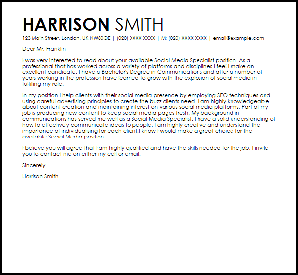 Social Media Specialist Cover Letter Sample LiveCareer